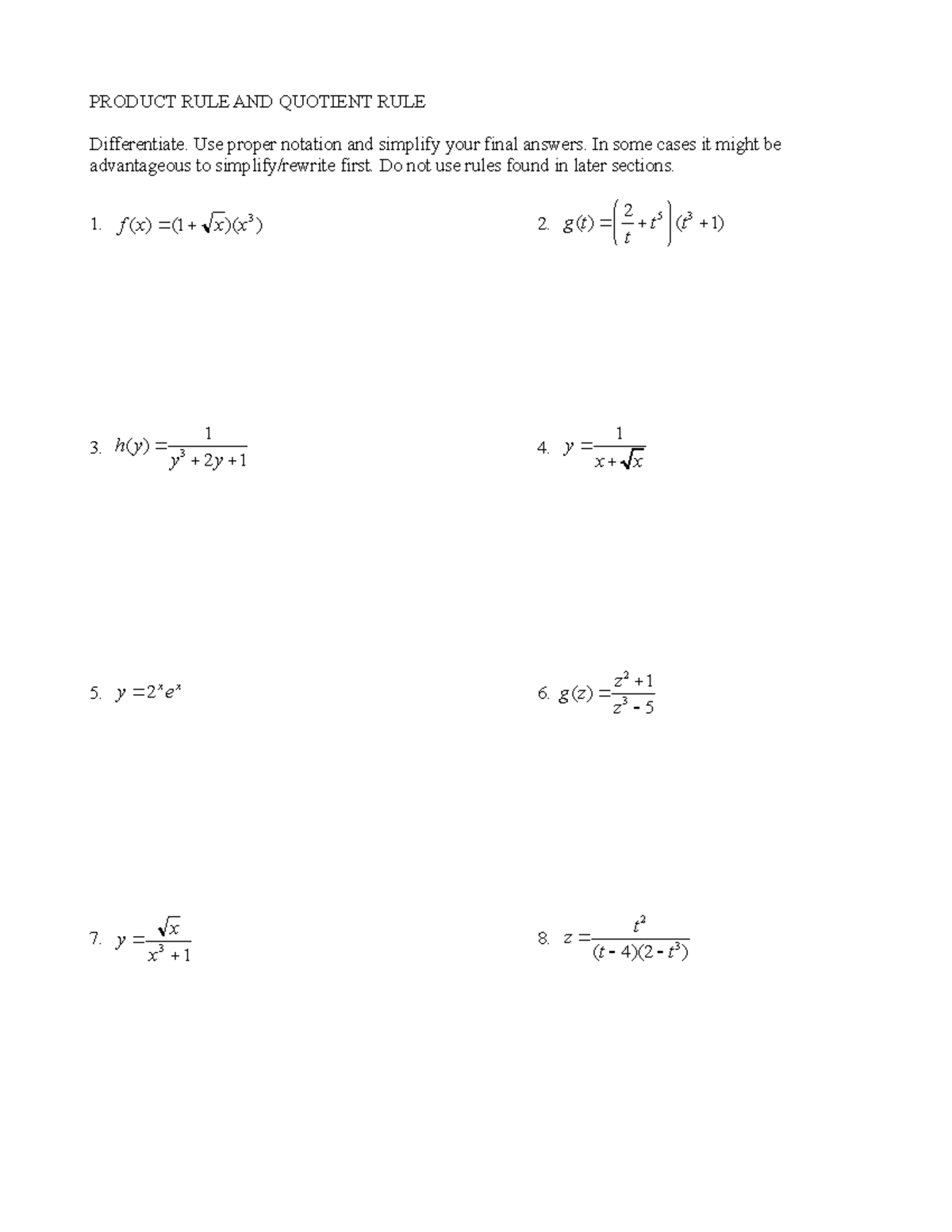 Product Rule - This is coursework for Calculus. This was the worksheet ...