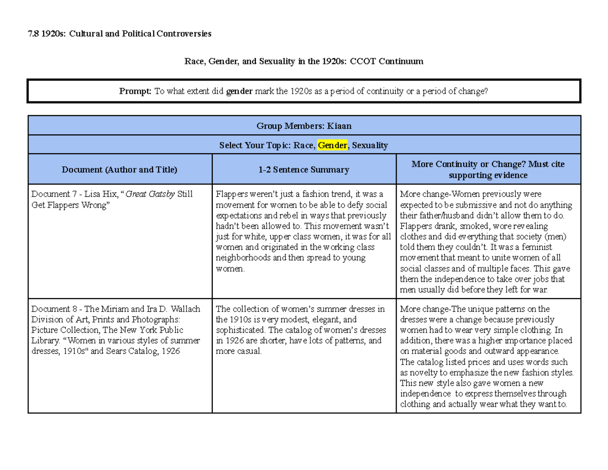 7.8 Race, Gender, and Sexuality in the 1920s CCOT Continuum Graphic Organizer - 7 1920s ...