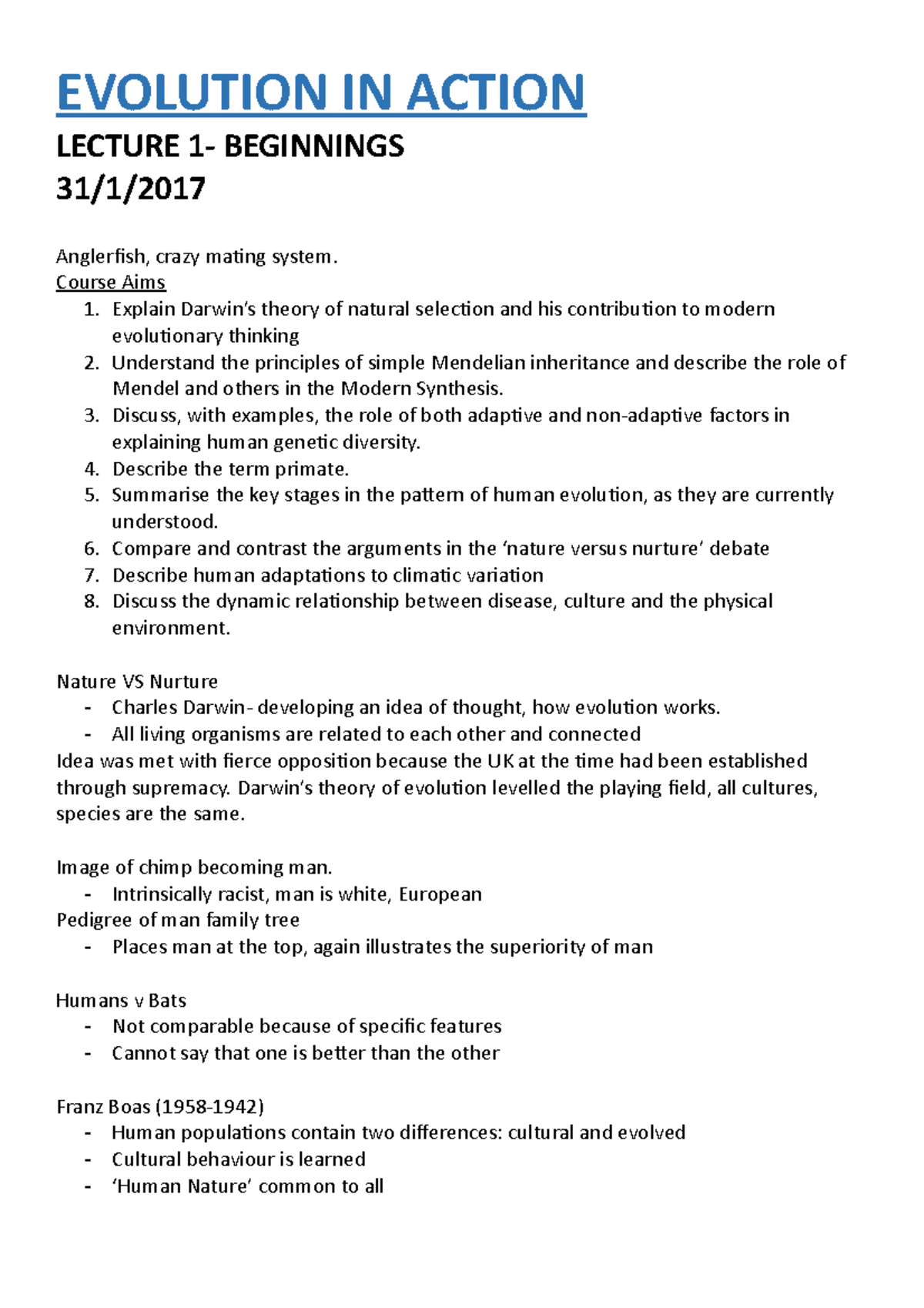 Evolution in Action Lectures - EVOLUTION IN ACTION LECTURE 1 ...