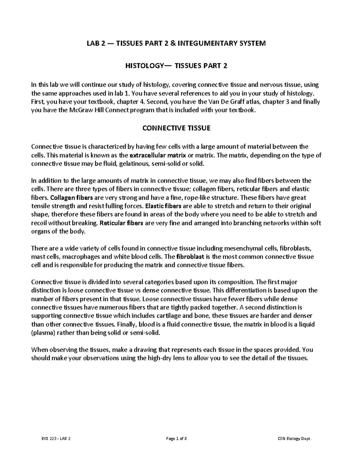 BIO 223 LAB 2 - lab notes - LAB 2 — TISSUES PART 2 & INTEGUMENTARY ...