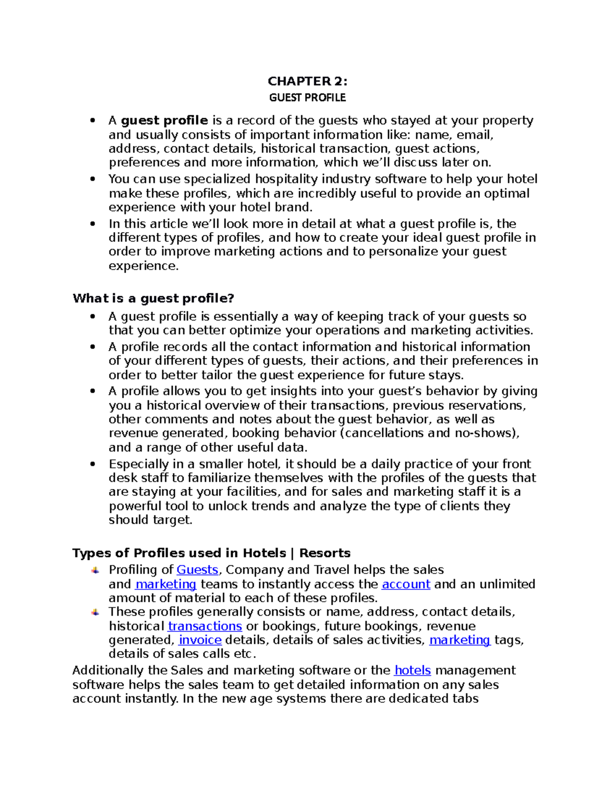 Current Trends Module 3 - CHAPTER 2: GUEST PROFILE A guest profile is a ...