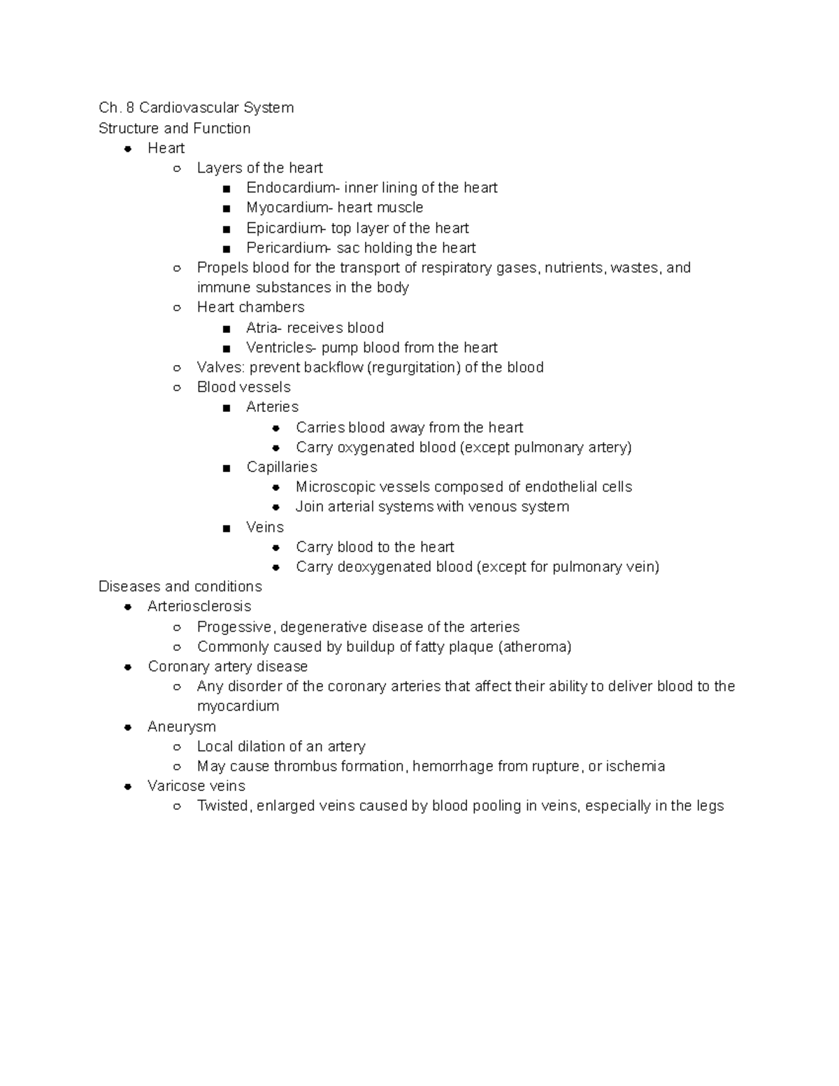 Ch. 8 Cardiovascular - notes - Ch. 8 Cardiovascular System Structure ...