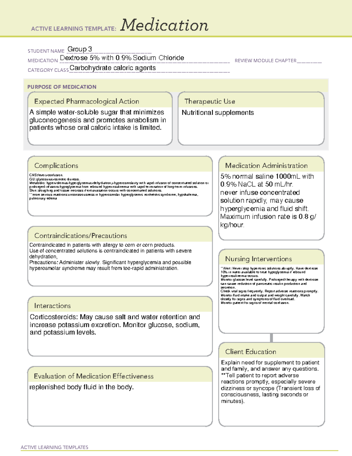 Dextrose 5% 3 - ACTIVE LEARNING TEMPLATES Medication STUDENT NAME - Studocu