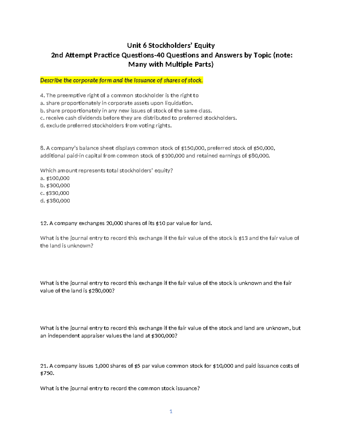 SEQ - share holders equity - Unit 6 Stockholders’ Equity 2nd Attempt ...