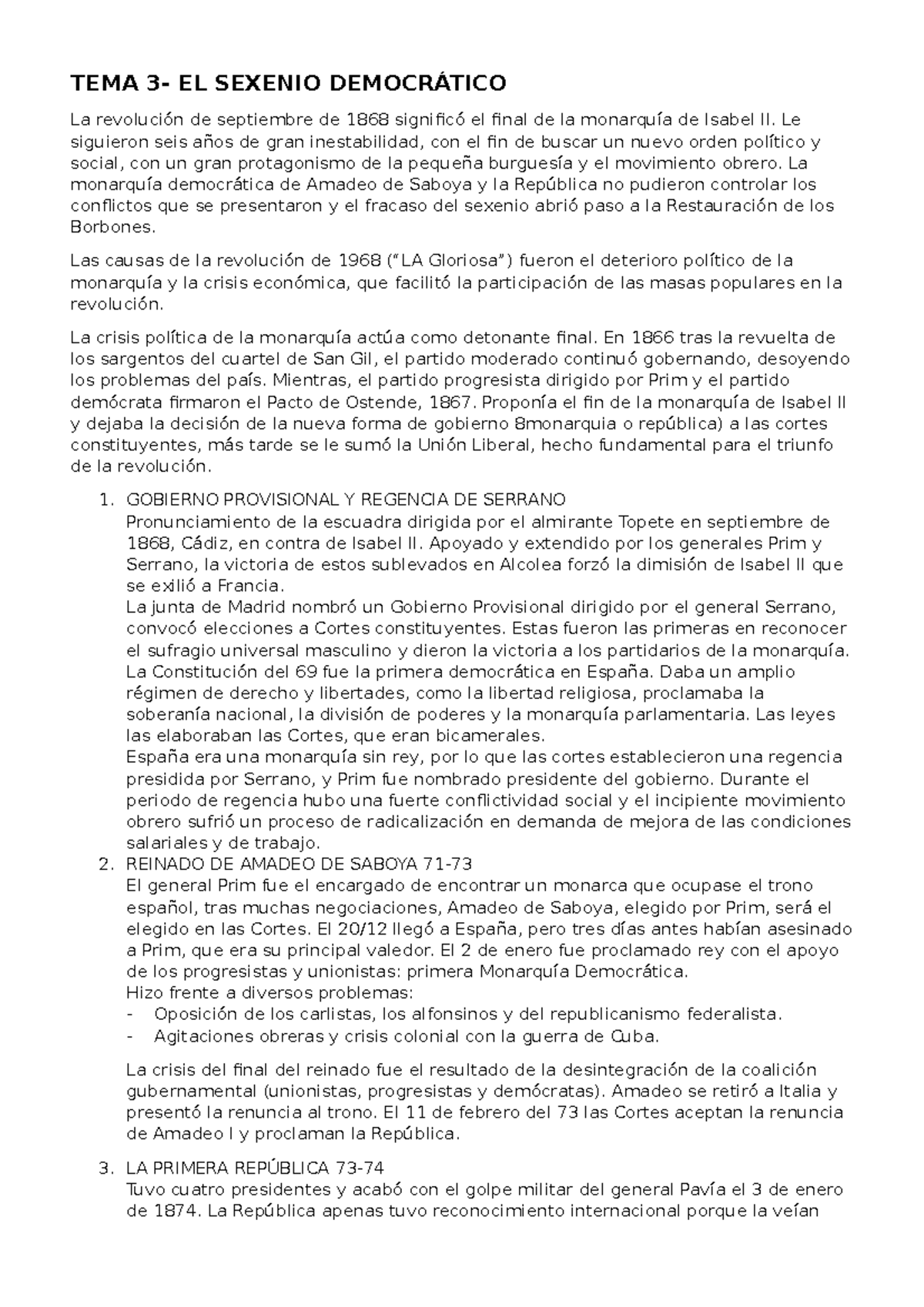 TEMA 3 - tema3 - TEMA 3- EL SEXENIO DEMOCRÁTICO La revolución de septiembre de 1868 significó el ...