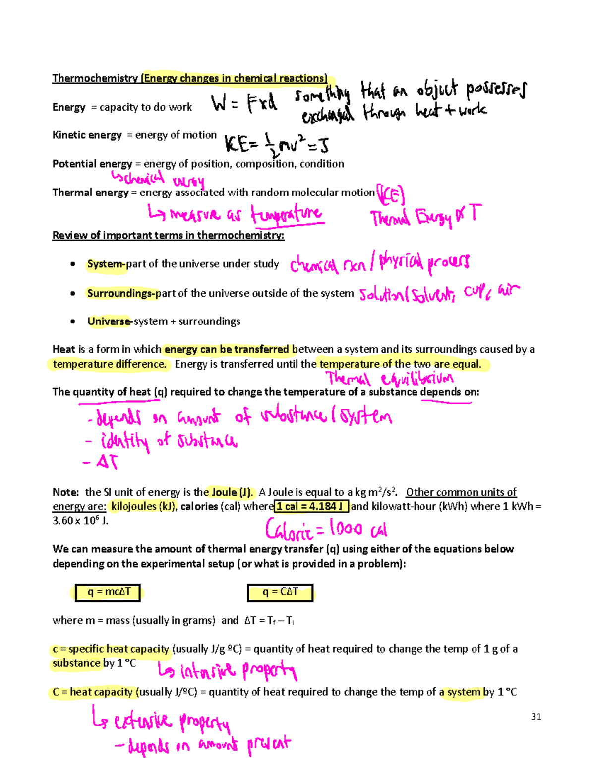 Thermochemistry - Dr. Angie Spencer notes - 31 Thermochemistry (Energy ...