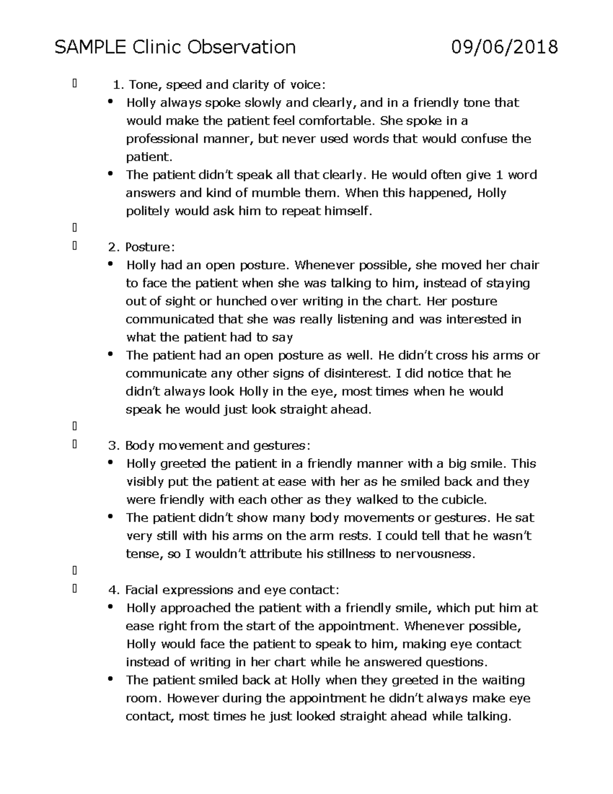 Sample Clinic Observation - SAMPLE Clinic Observation 09/06/ 1. Tone ...