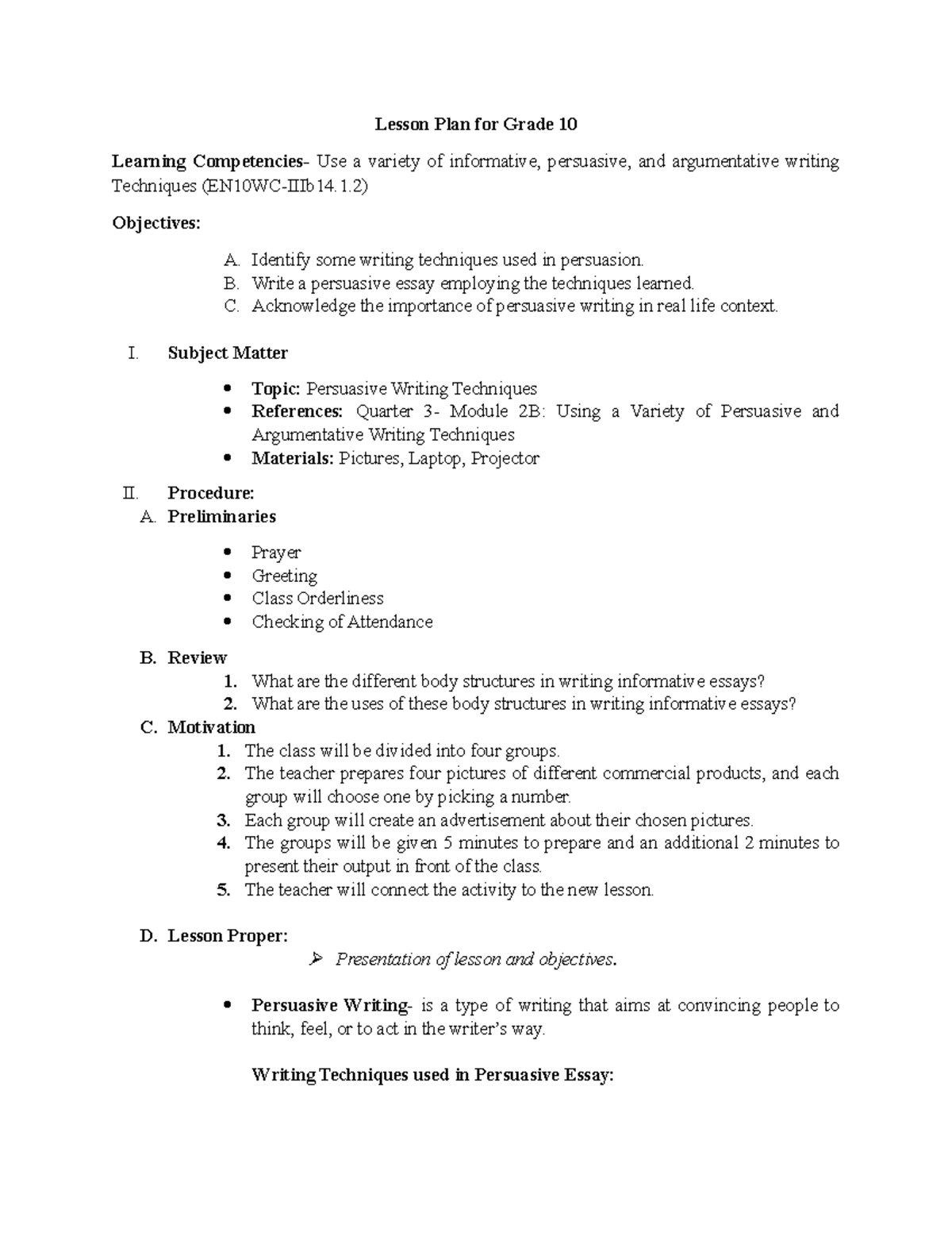 Module-2B - Lesson Plan for Grade 10 Learning Competencies- Use a ...