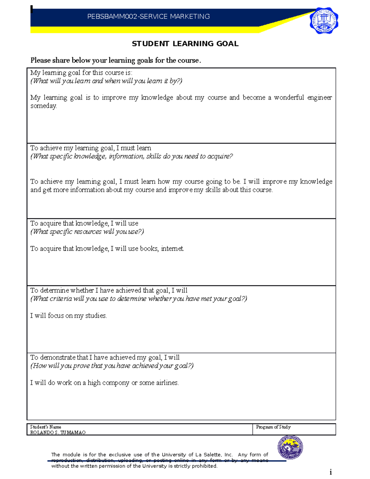 BSEE Rolando Tumamao Student- Learning- Goals- Template - The module is ...
