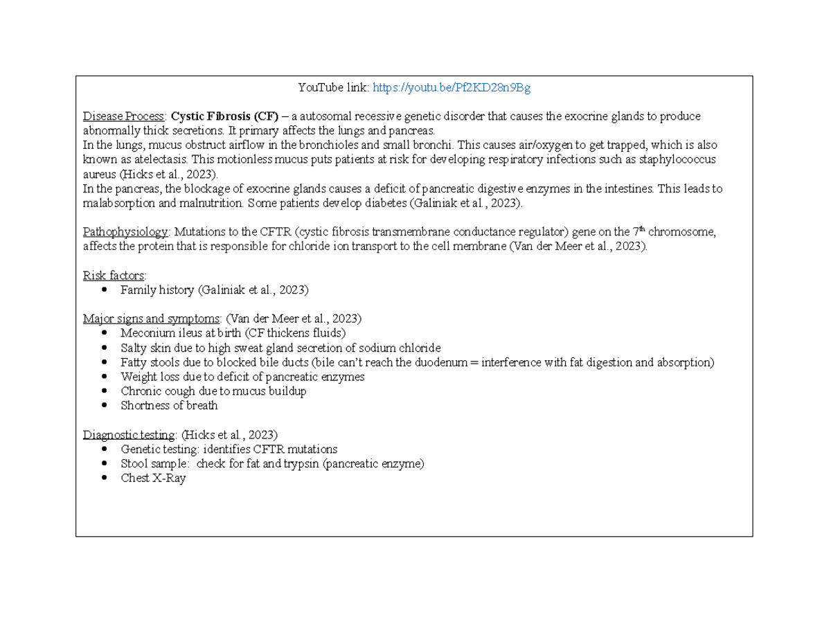 Cystic fibrosis flashcard - YouTube link: youtu/Pf2KD28n9Bg Disease ...