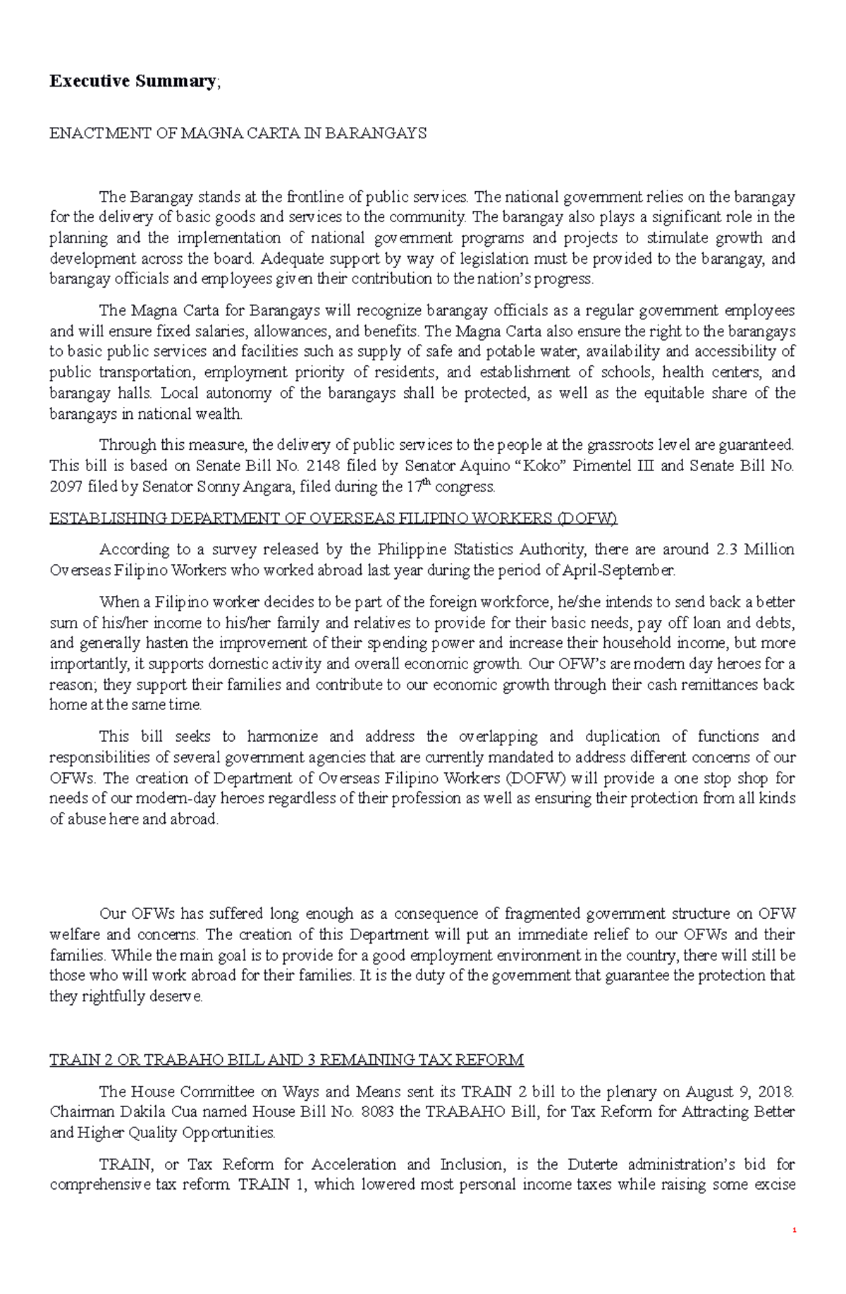 Enactment of Magna Carta in Barangays Notes - Executive Summary ...