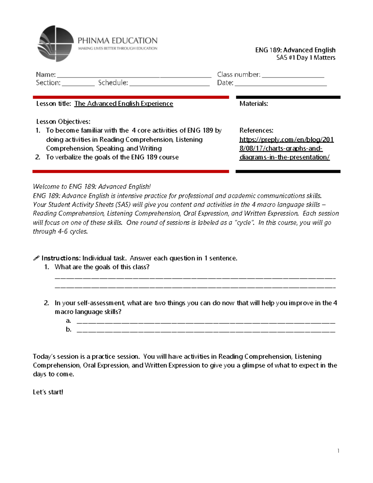 SAS #1 introduction ENG189 FR - Lesson title: The Advanced English ...