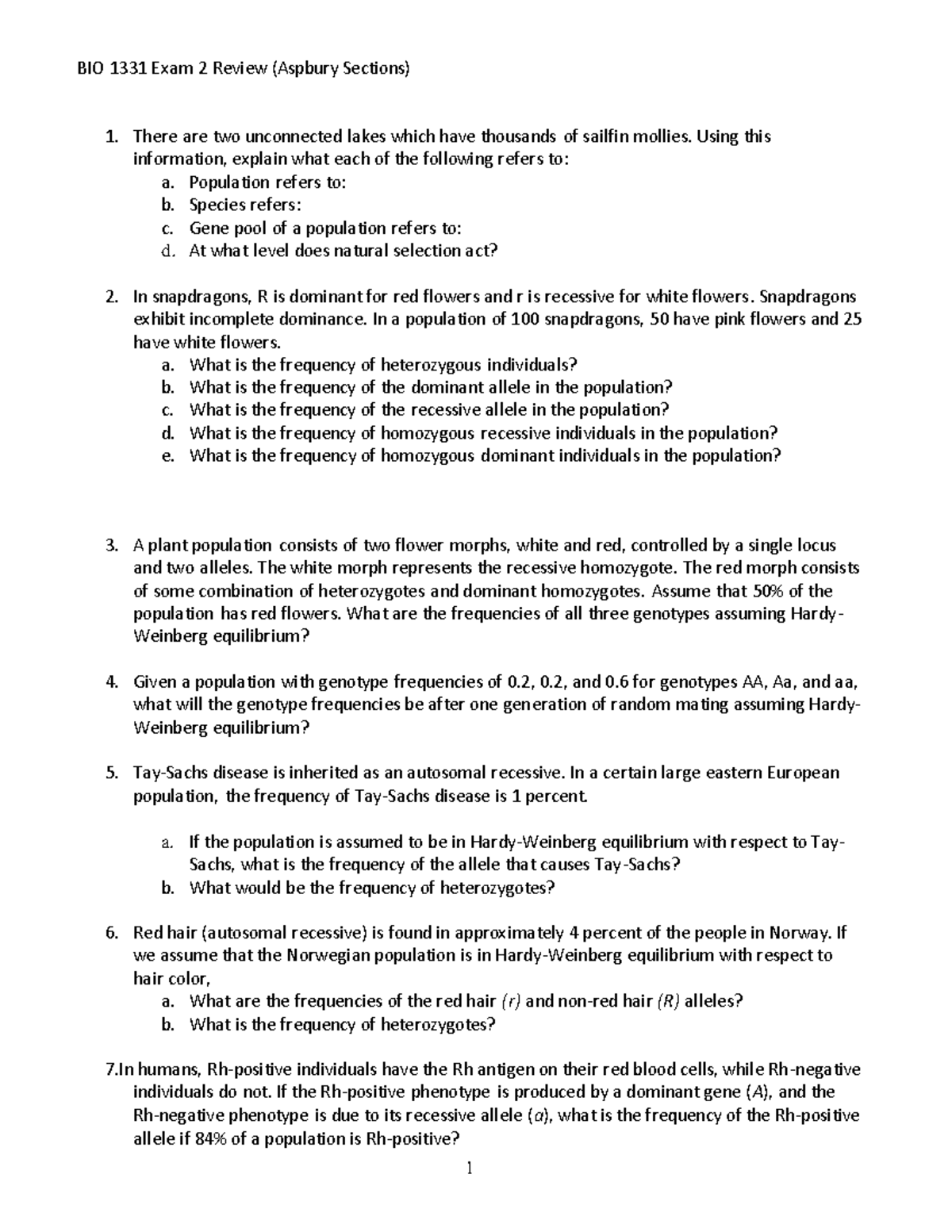 Bio 1331 exam 2 review - exam 2 revieq - BIO 1331 Exam 2 Review (Aspbury Sections) 1 There are ...