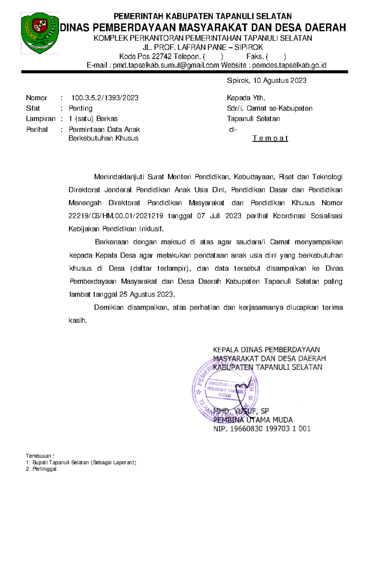 Surat Perihal Permintaan Data Anak Berkebutuhan Khusus - PEMERINTAH ...