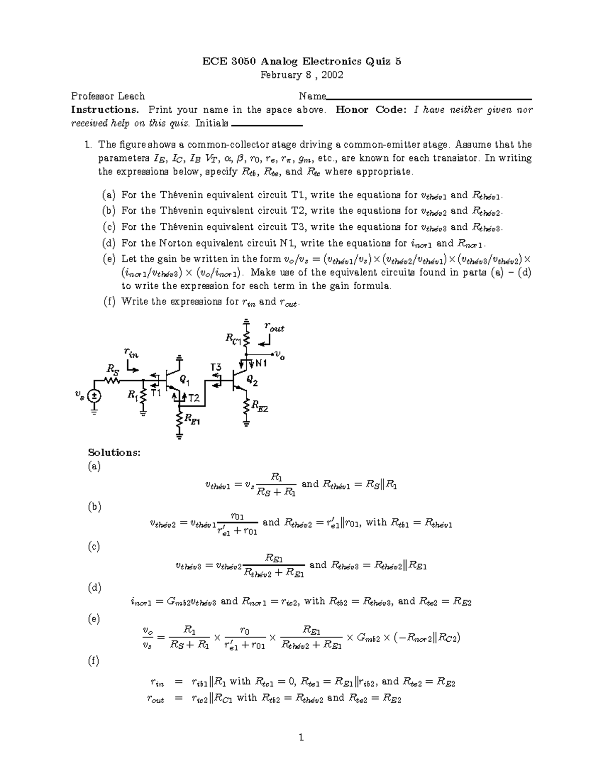 Q5asln - Exam Practice - ECE 3050 Analog Electronics Quiz 5 February 8 , 2002 Professor Leach ...