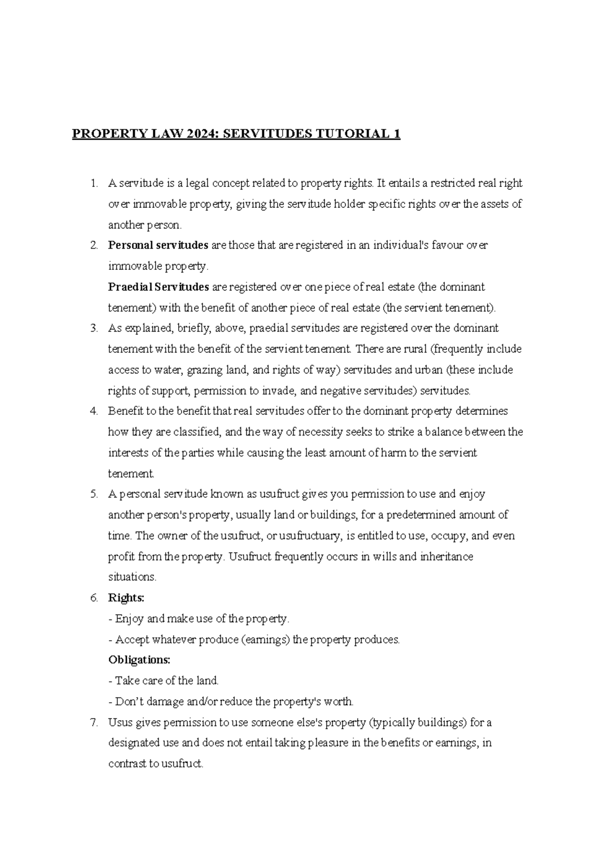 Property LAW Servitudes - PROPERTY LAW 2024: SERVITUDES TUTORIAL 1 1. A ...