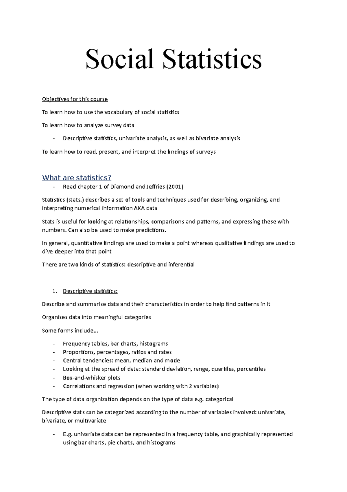 SOC3007F part 2: Social Statistics Notes - Social Statistics Objecives ...