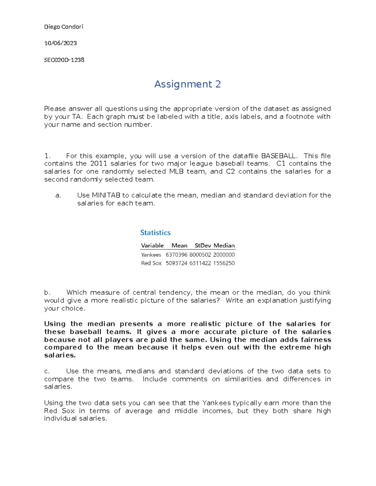 Minitab Assignment 2 Diego Condori SEC020D-1238 - Diego Condori 10/06 ...