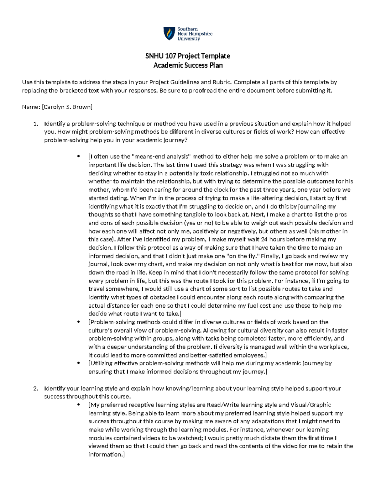 SNHU 107 Project Academic Success Plan - SNHU 107 Project Template ...