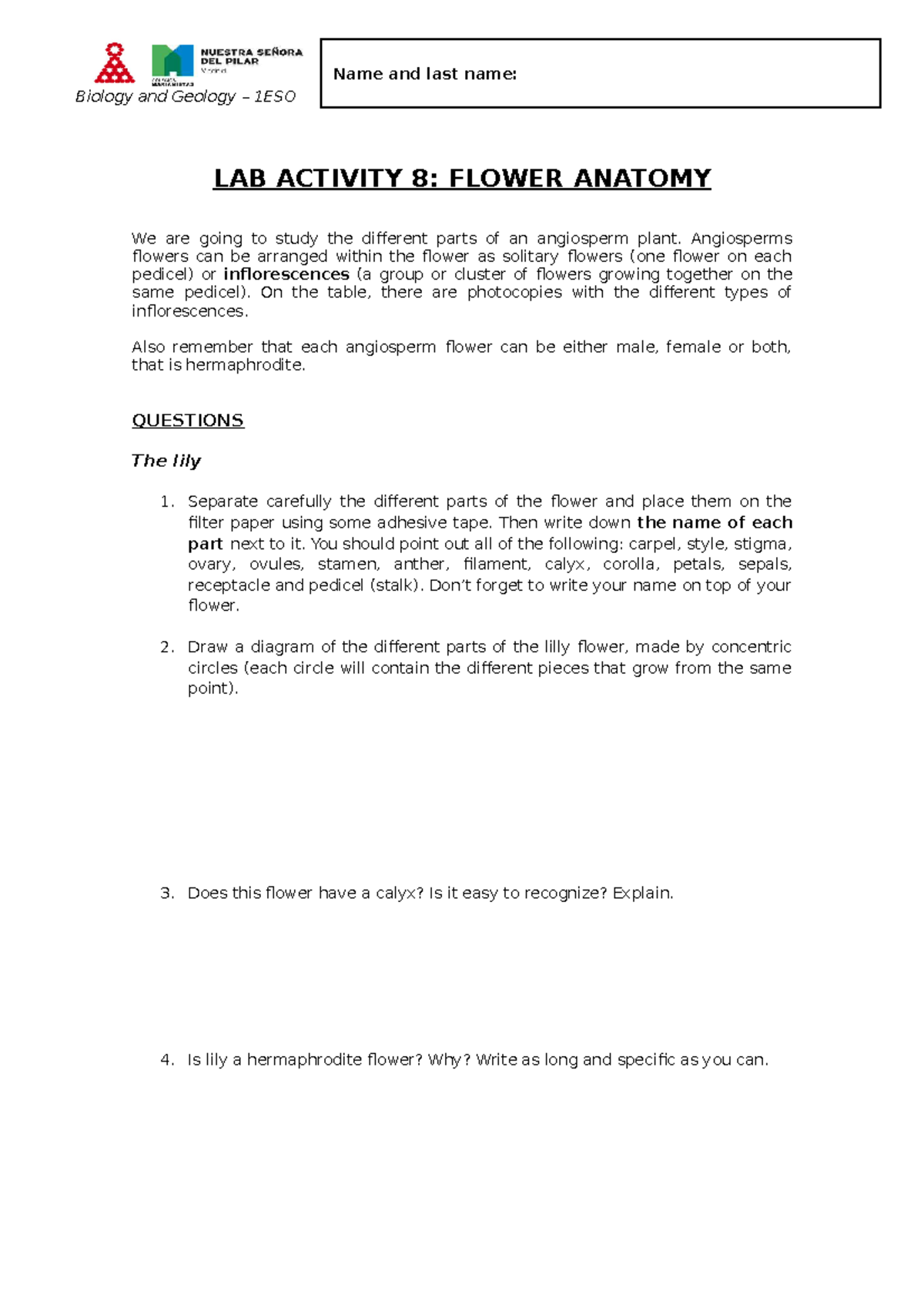1ESO - practica laboratorio - LAB ACTIVITY 8: FLOWER ANATOMY We are ...
