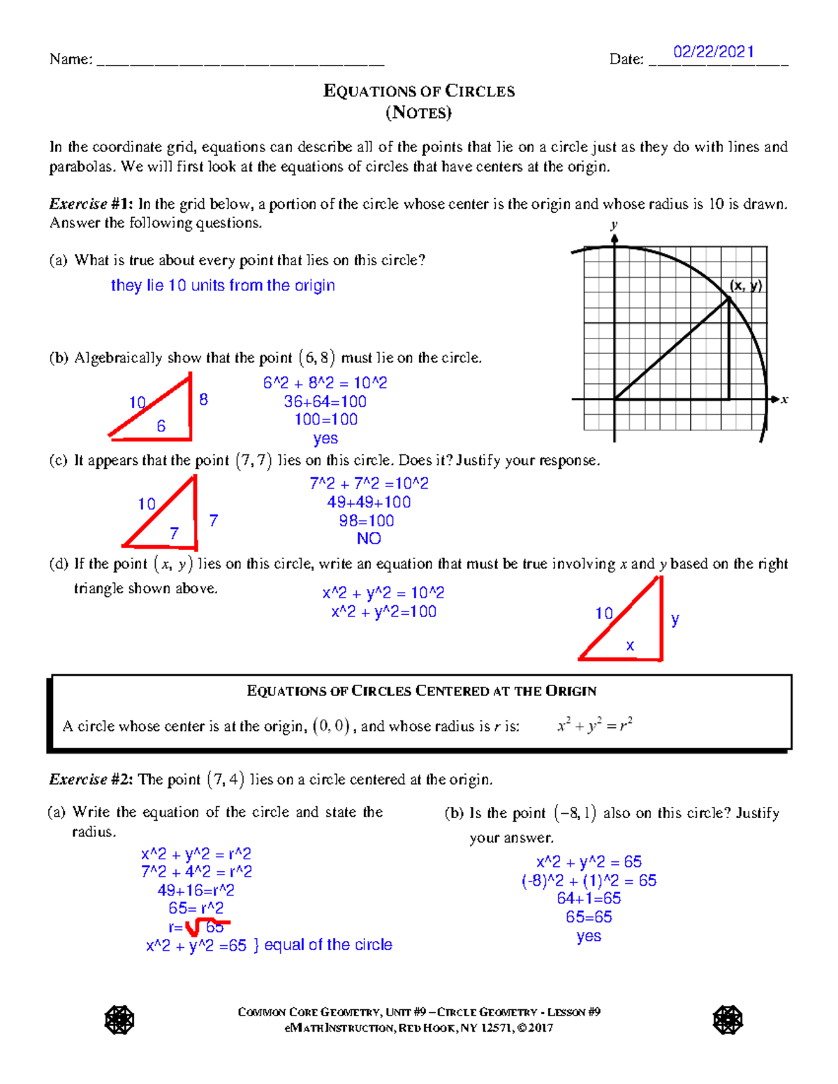 Unit 4. Lesson 1a. Equations of Circles - Name ...