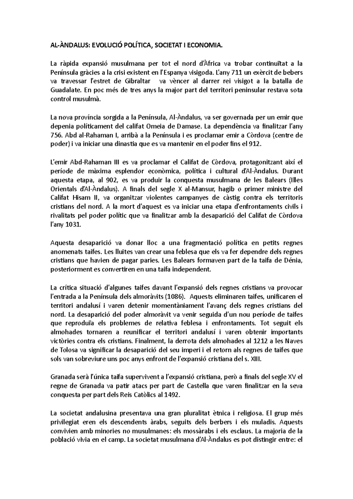 1r, trimestre - Resumen 1a parte - Warning: TT: undefined function: 32 AL-ÀNDALUS: EVOLUCIÓ ...