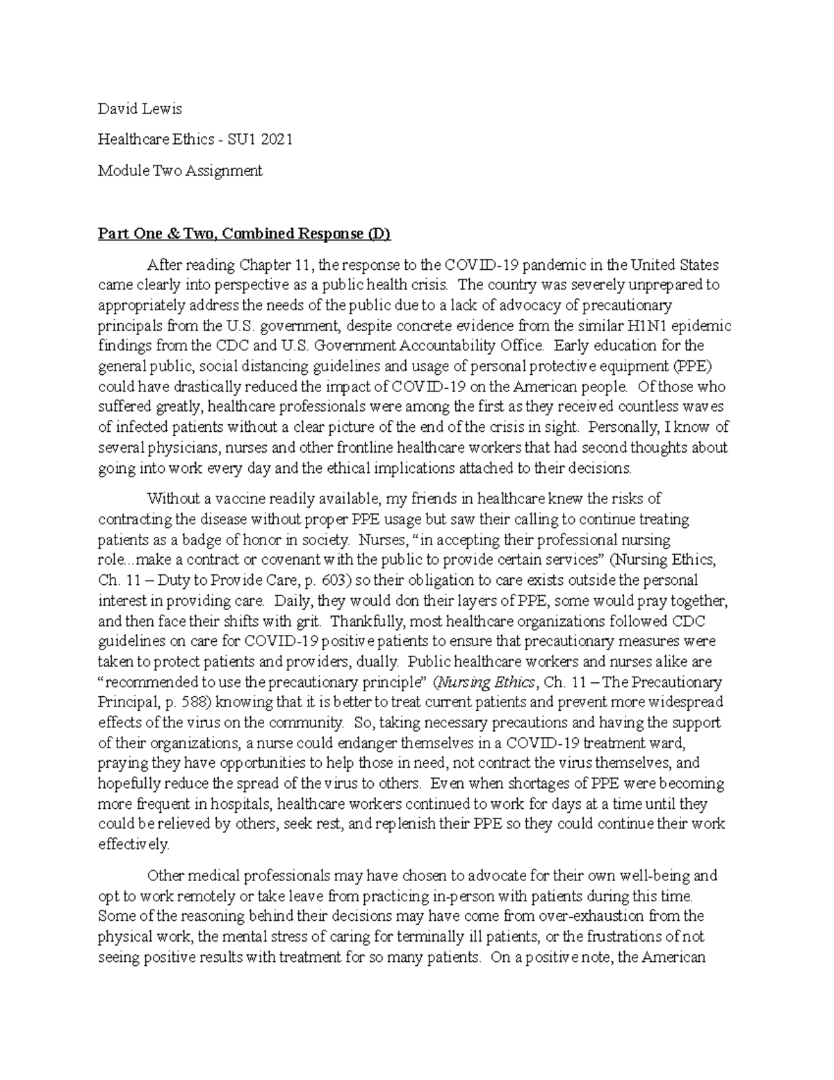 Module 2 Assignment - Lewis, David - David Lewis Healthcare Ethics SU1 ...