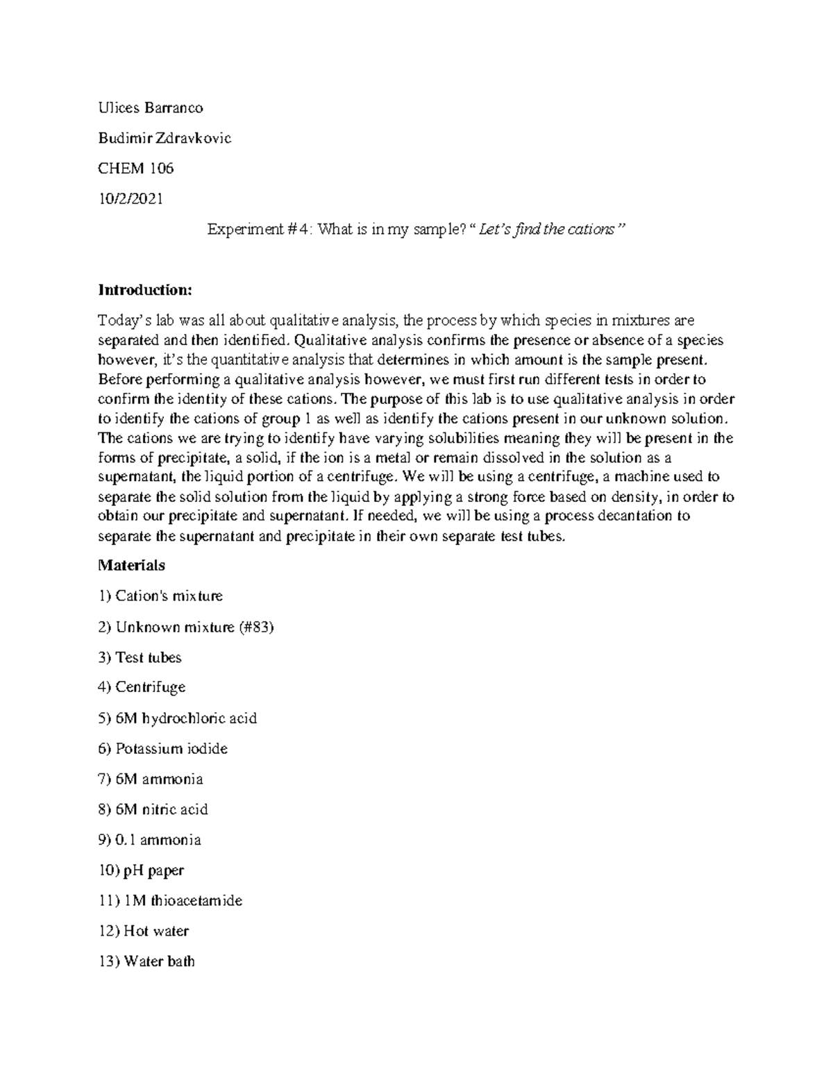 Qualitative Analysis of Cations Lab - Studocu