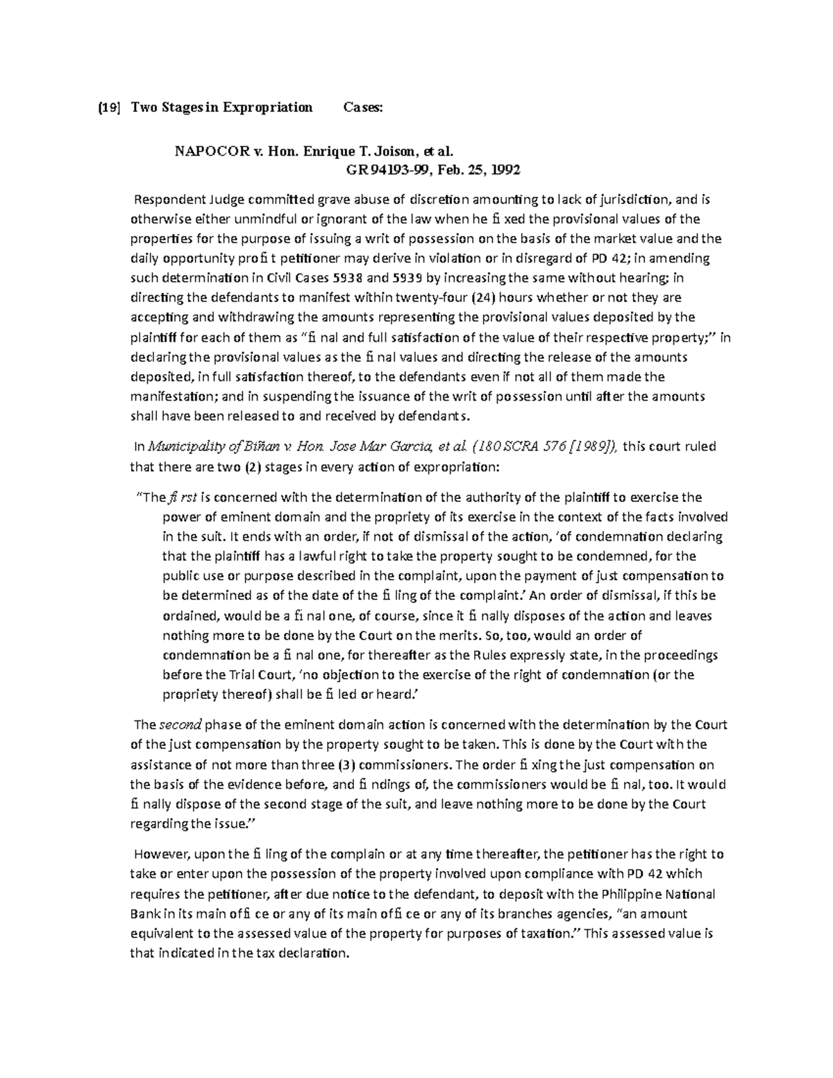Property law m45 - (19) Two Stages in Expropriation Cases: NAPOCOR v ...