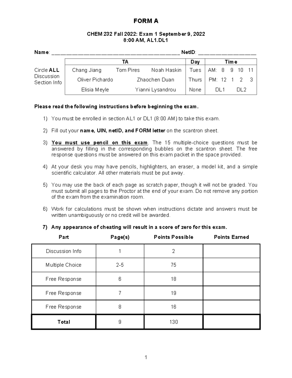 Exam+1+F2022+Form+A - practice exam form a - FORM A CHEM 232 Fall 2022 ...