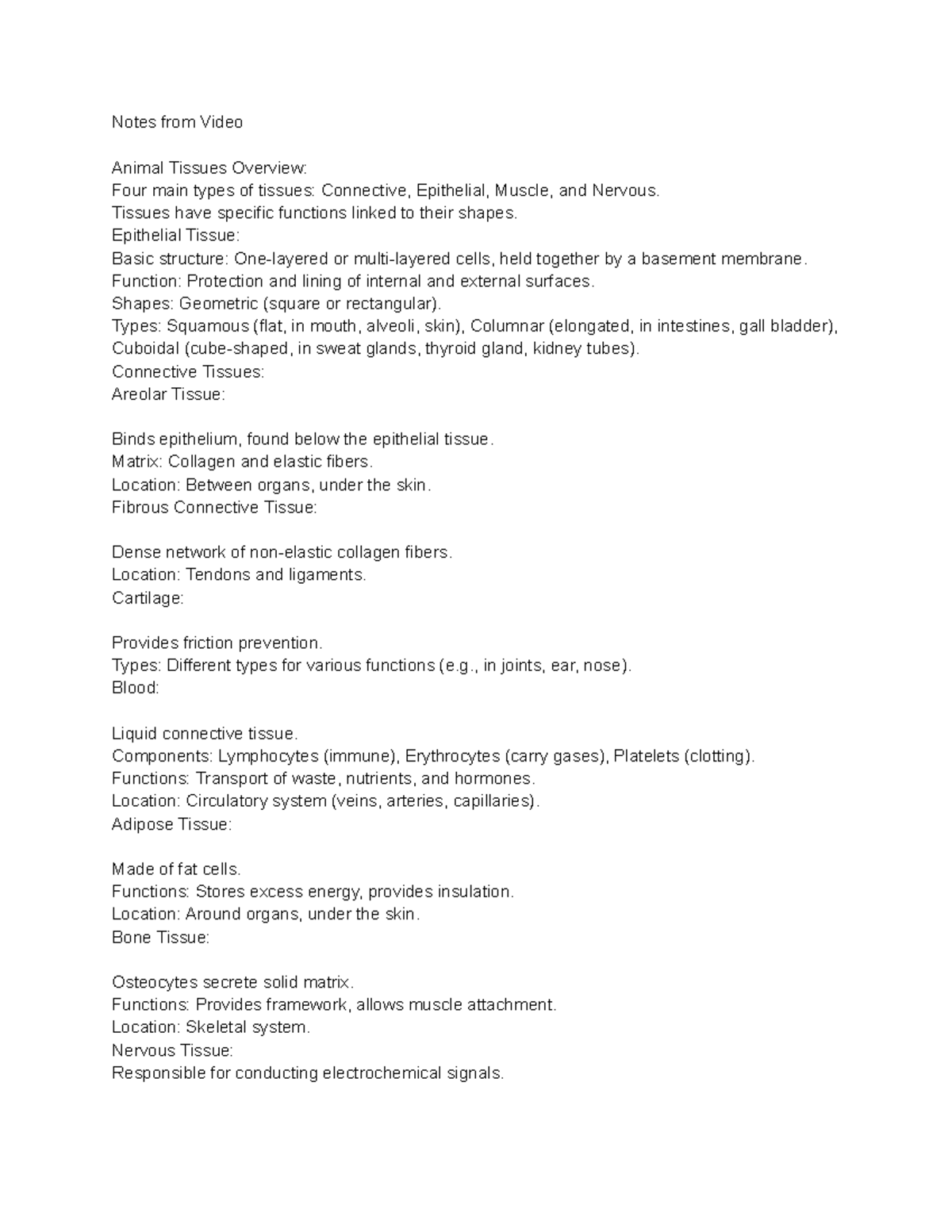 Notes from Video - Notes from Video Animal Tissues Overview: Four main ...