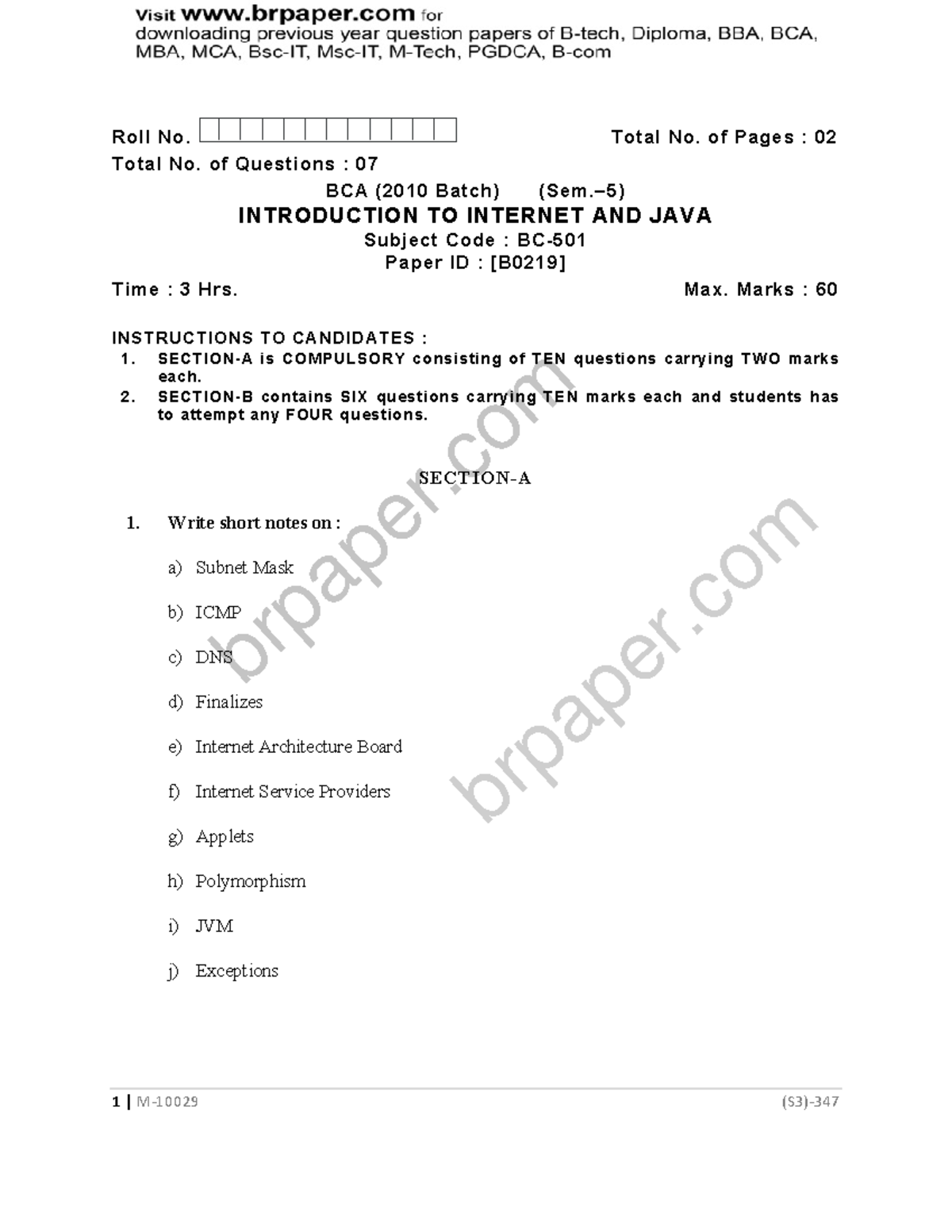 JAVA(5th)Dec2015 - Question paper - 1 | M-10029 (S3)- Roll No. T otal ...