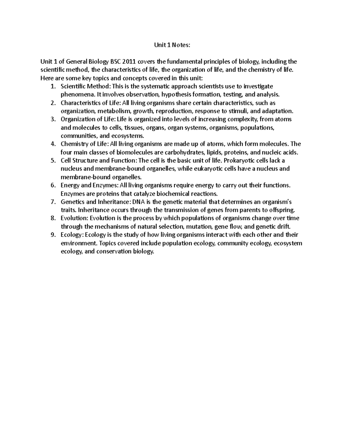 Unit 1 Notes - Unit 1 Notes: Unit 1 of General Biology BSC 2011 covers ...