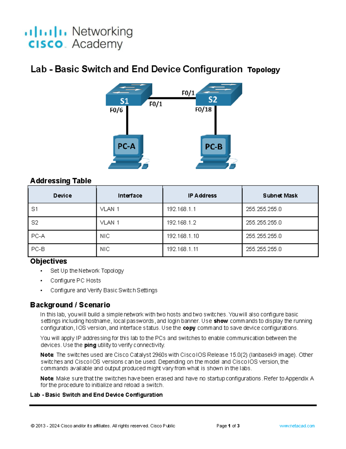 Lab 1 292 Lab Basic Switch And End Device Configuration © 2013 2024 Cisco Andor Its