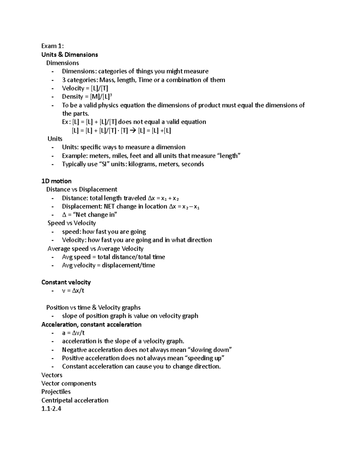 Physics outline - Exam 1: Units Dimensions Dimensions Dimensions ...