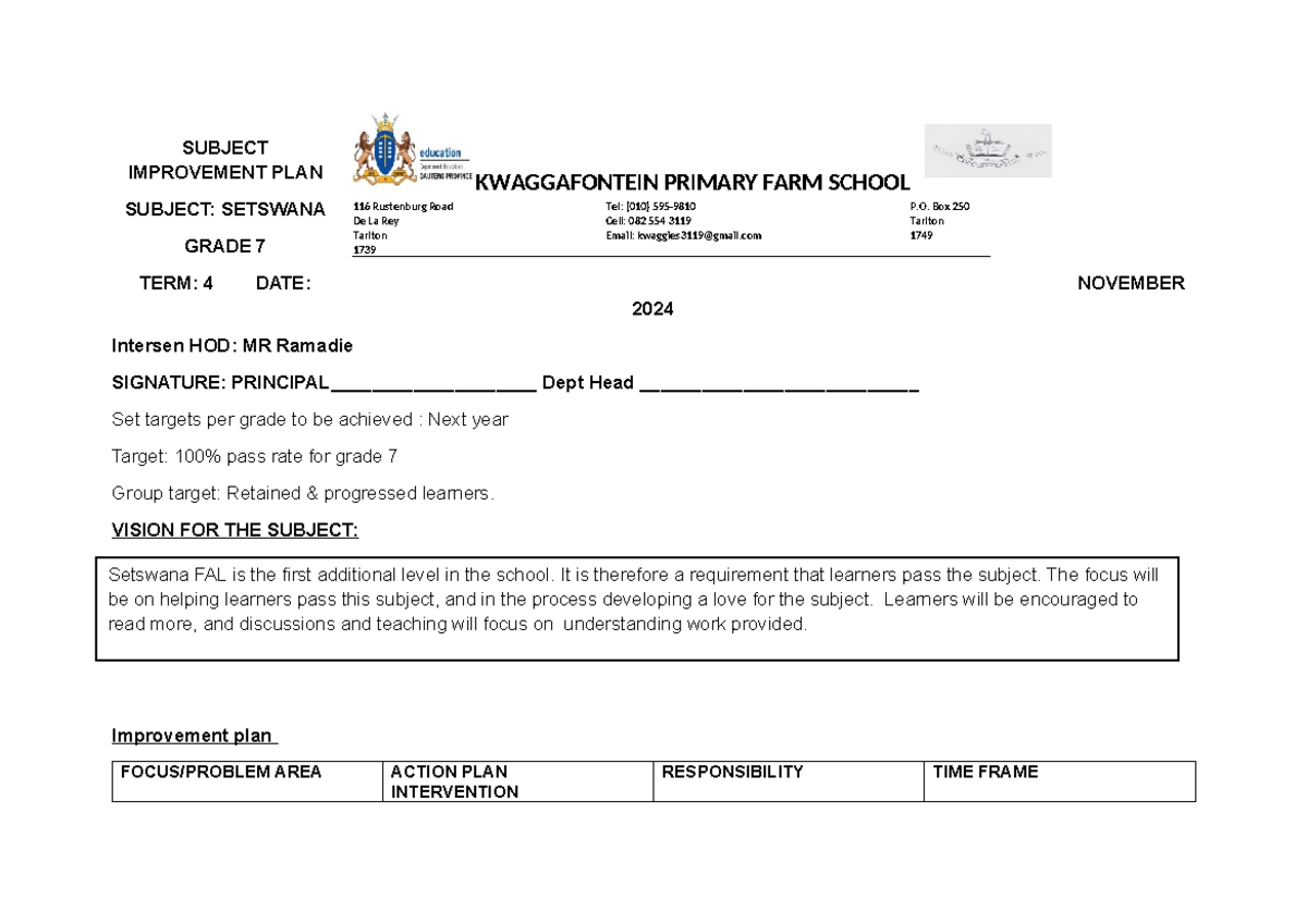 Subject Improvement PLAN - SUBJECT IMPROVEMENT PLAN SUBJECT: SETSWANA ...