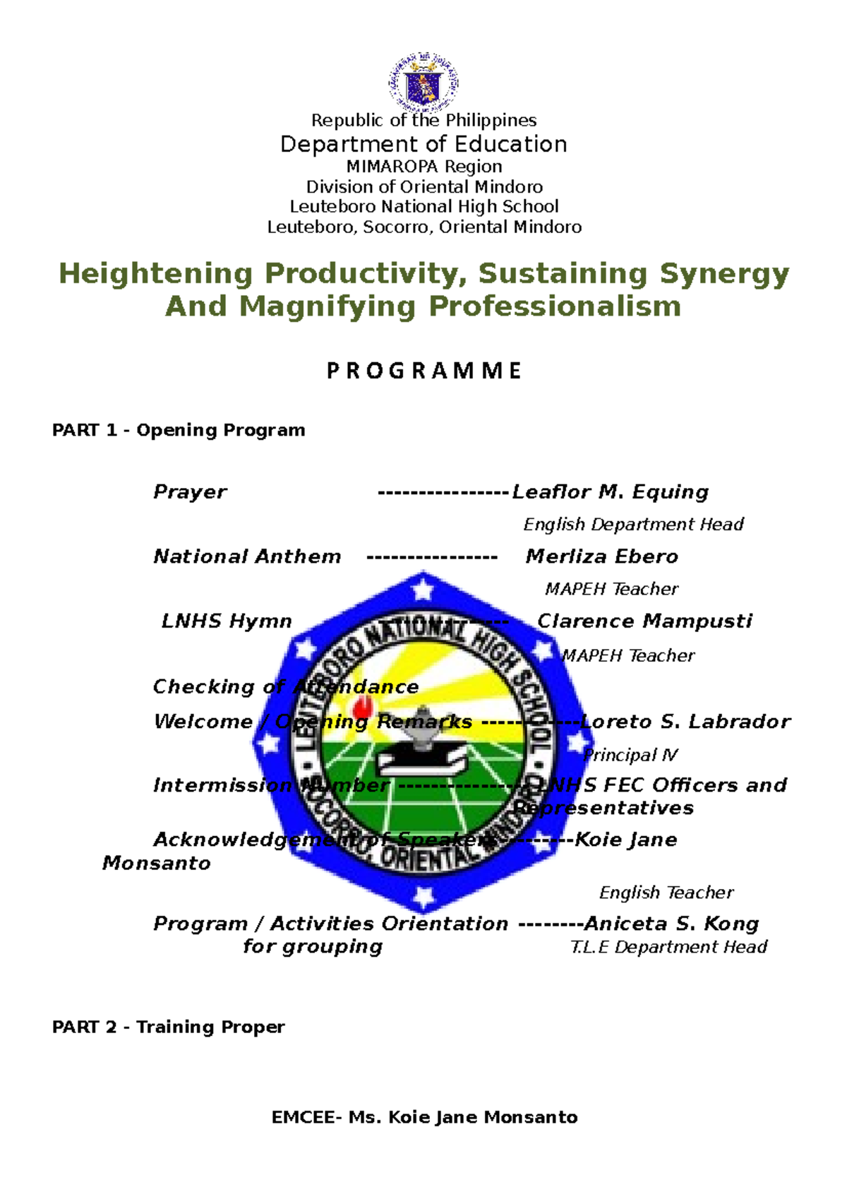 Inset programme - program - Republic of the Philippines Department of ...