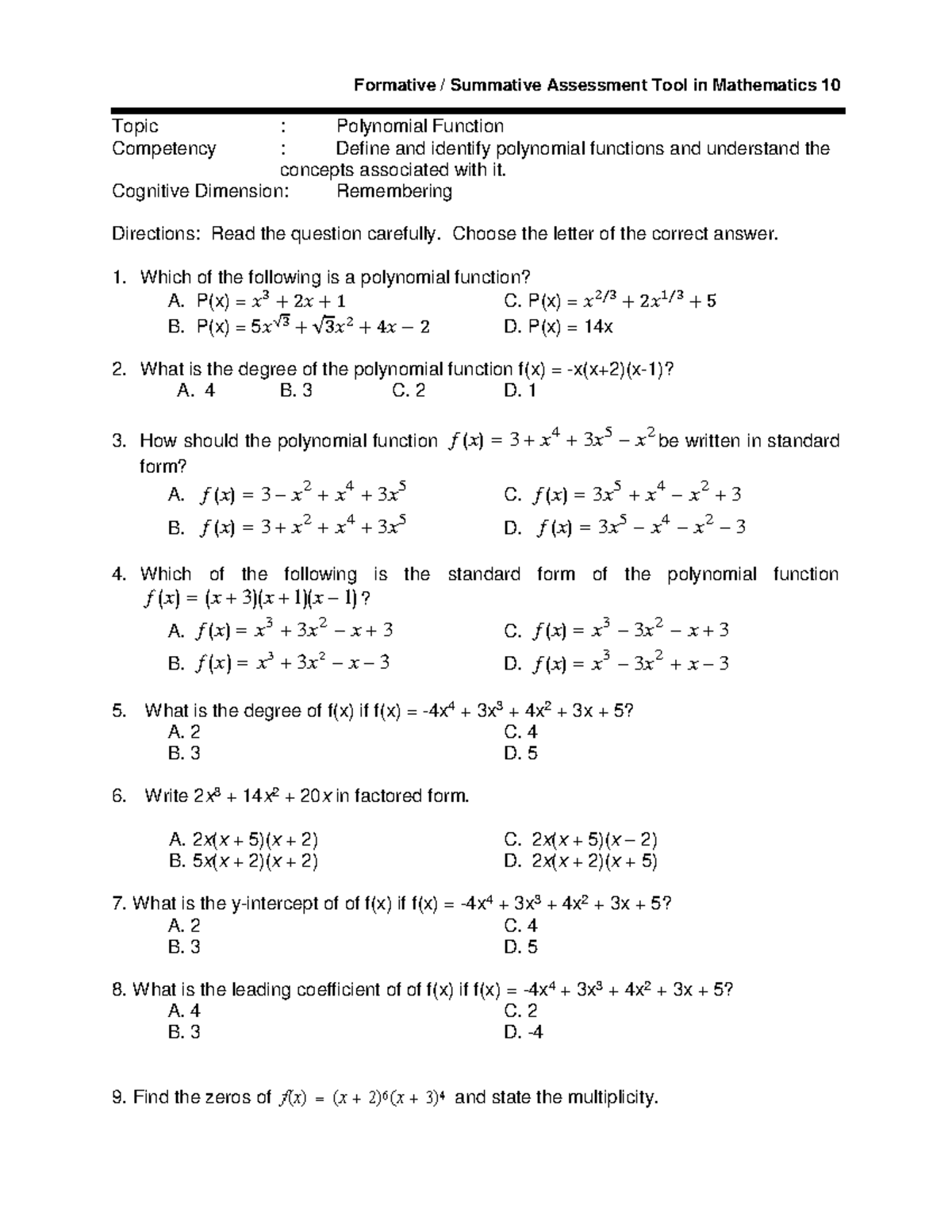 Grade 10 Formative Test Polynomial Function - Topic : Polynomial ...