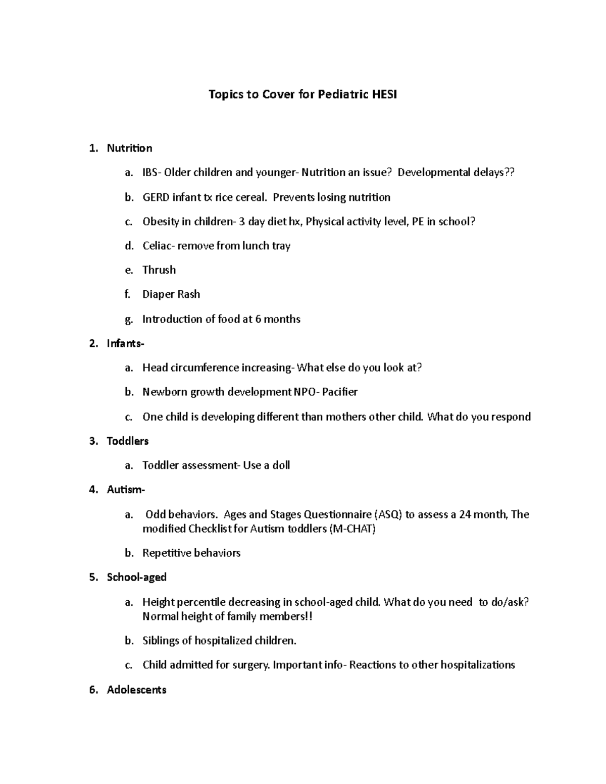 HESI Pediatrics Outline - Topics to Cover for Pediatric HESI Nutrition ...