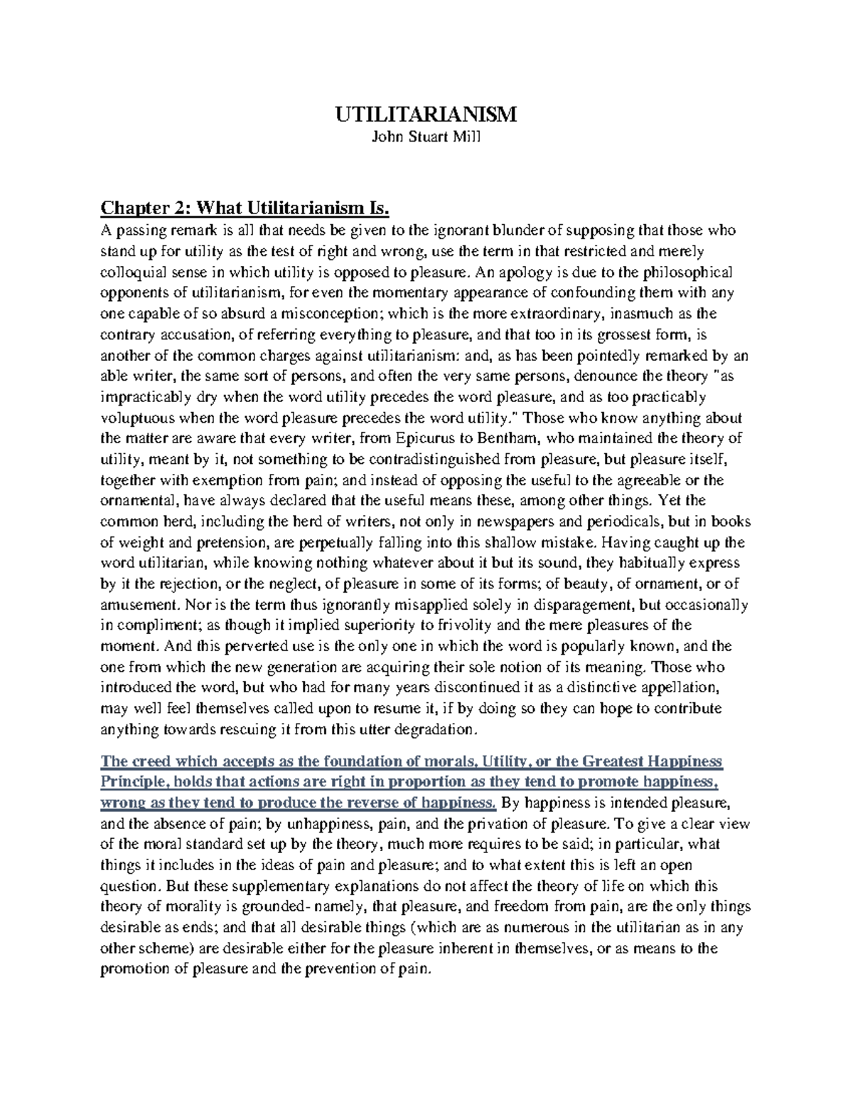Reading 2.5- Mill, Utilitarianism - UTILITARIANISM John Stuart Mill Chapter 2: What ...