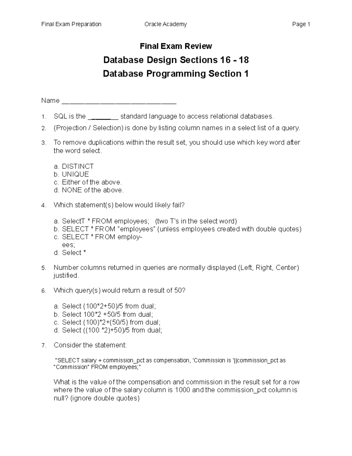 Dp s16 l01 Final Exam Review Sections DM 16 to 18 DP1 - Final Exam Review Database Design ...