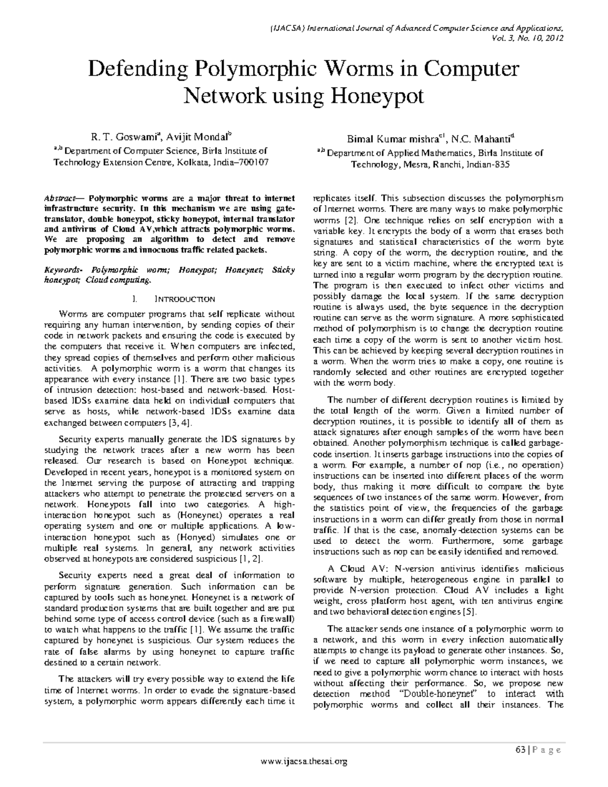 Defending Polymorphic Worms in Computer - (IJACSA) International ...