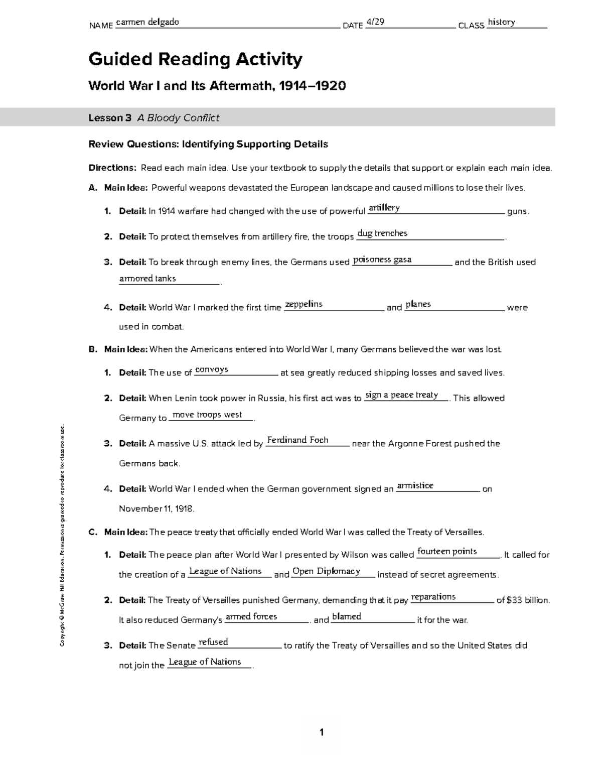 Chapter 6 Lesson 3 Reading Guide - NAME DATE CLASS World War I and Its ...