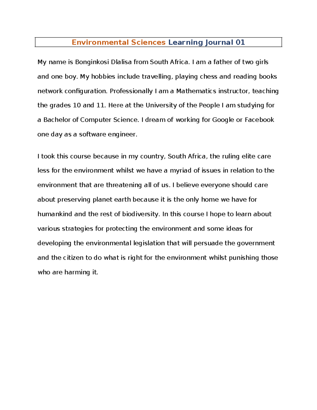 ENVS 1301 LJ01 - Environment - Environmental Sciences Learning Journal ...