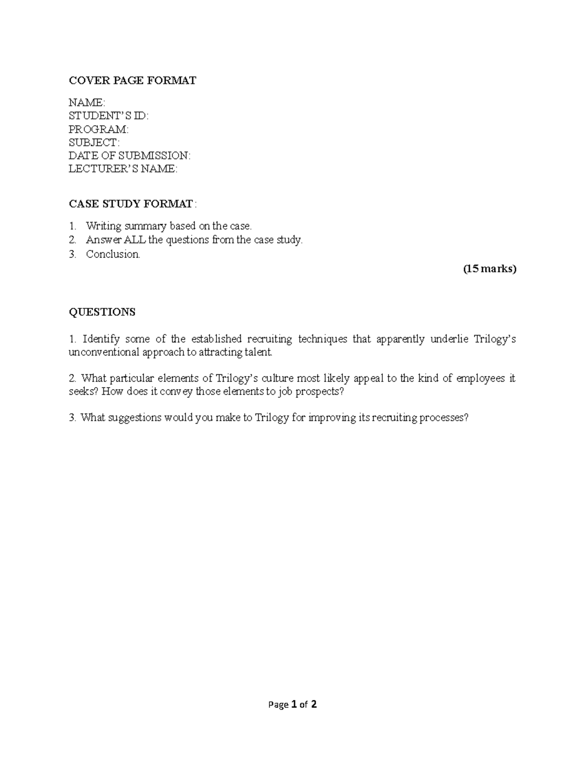 Assignment HRM 4014 - CASE Study 1 - COVER PAGE FORMAT NAME: STUDENT’S ...