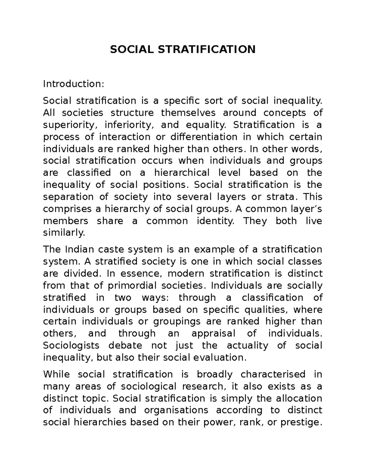 Social Stratification - SOCIAL STRATIFICATION Introduction: Social ...