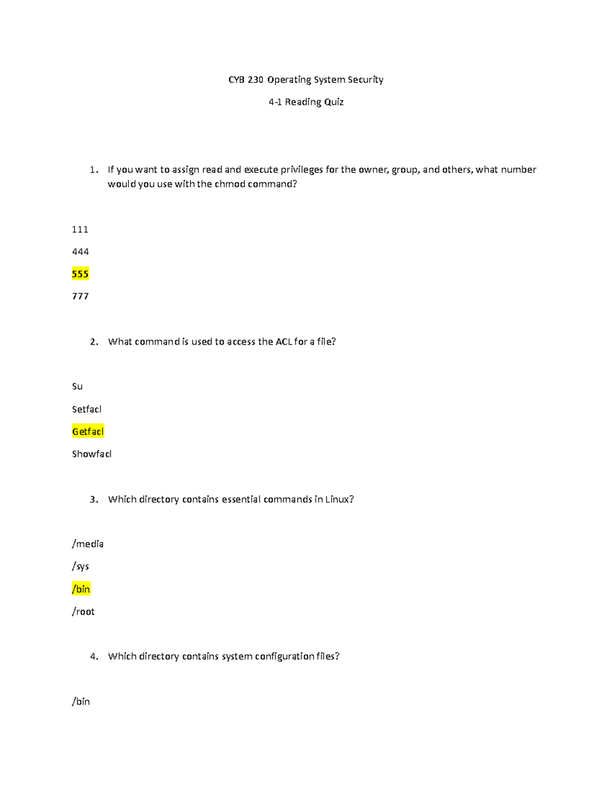 CYB 230 Operating System Security Module Four Quiz - CYB 230 Operating ...