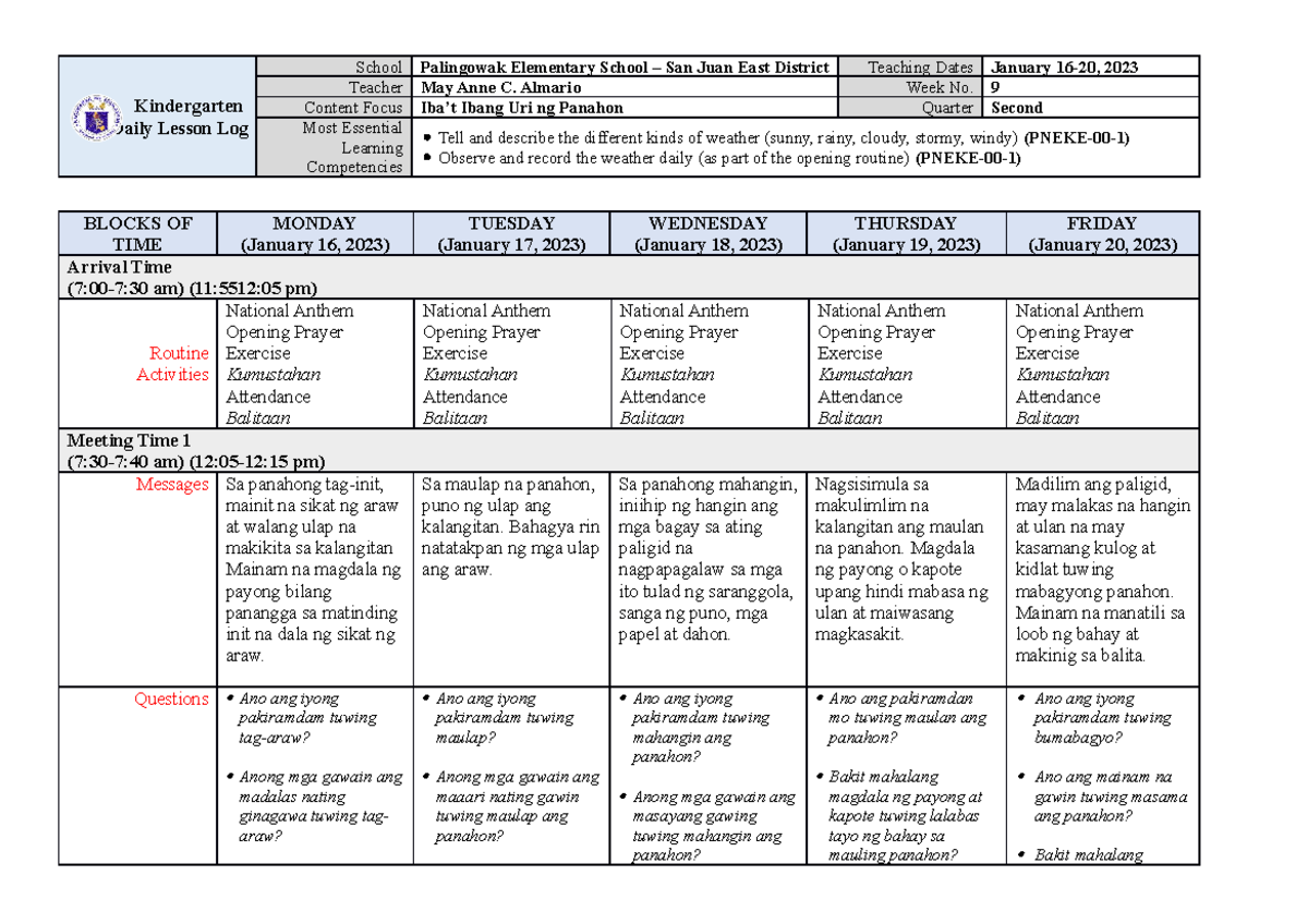 Kindergarten-DLL-MELC-Q2-Week 9 asf - Kindergarten Daily Lesson Log School Palingowak Elementary ...