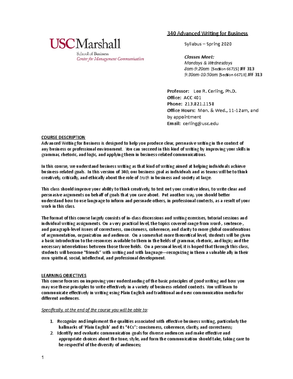 340 Syllabus Spring 2020 - 340 Advanced Writing for Business Syllabus ...