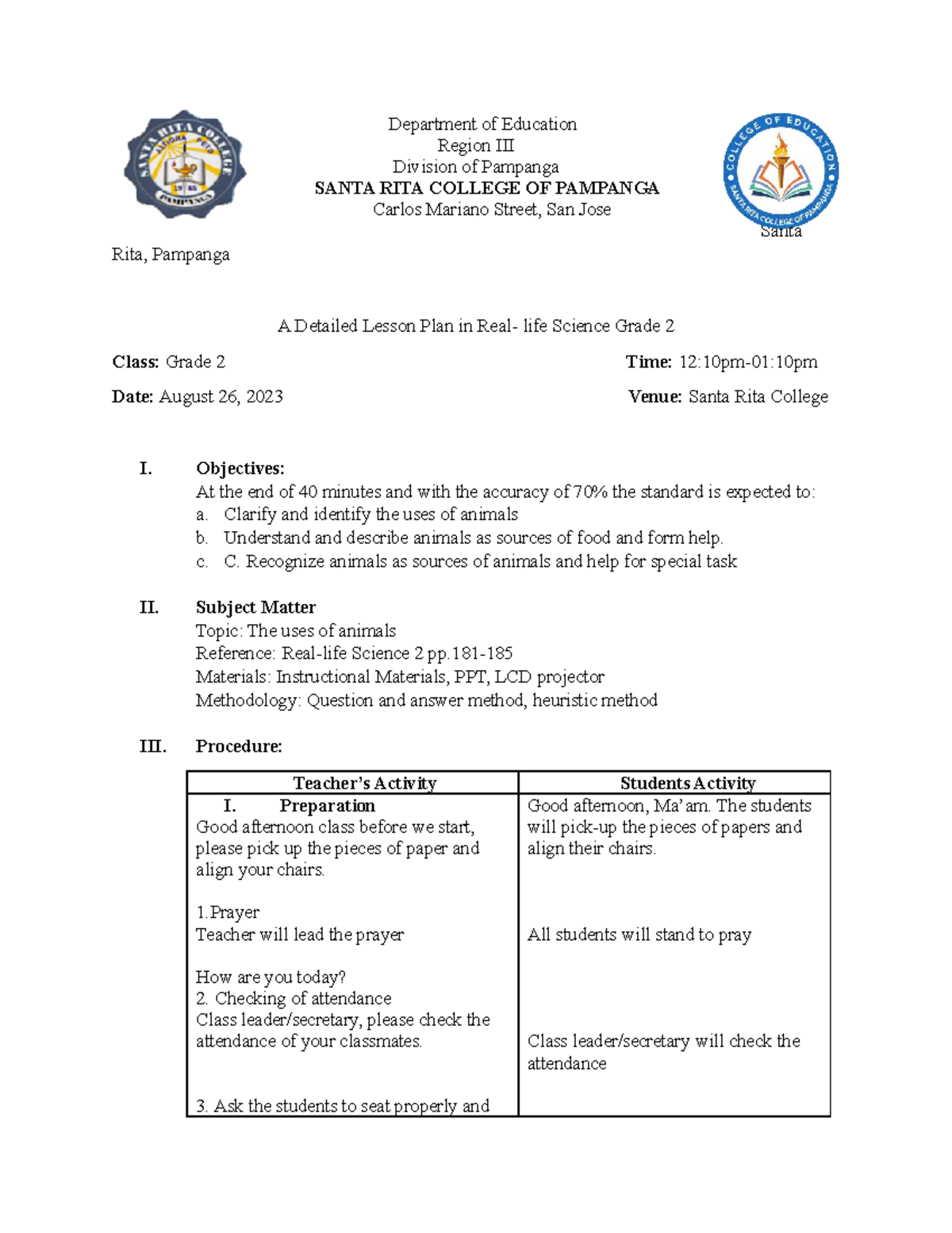DLP the uses of animals - lesson plan - Department of Education Region III Division of Pampanga ...